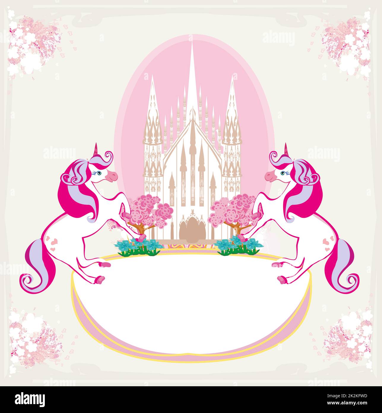 Fairytale frame with magic castle and unicorns Stock Photo - Alamy