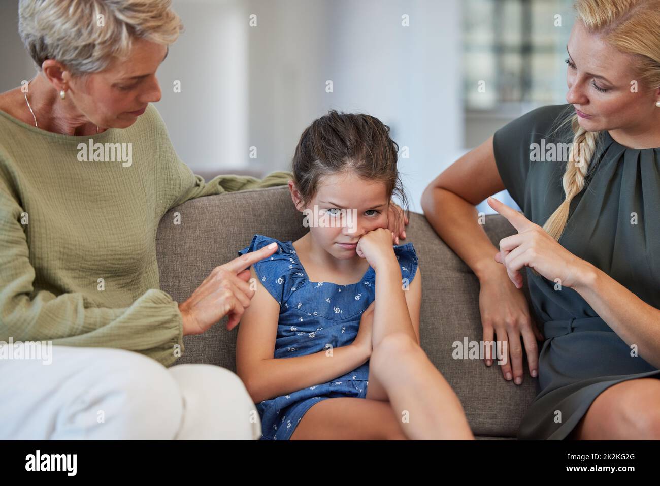 Angry family, discipline and sad children at home for naughty, stubborn ...