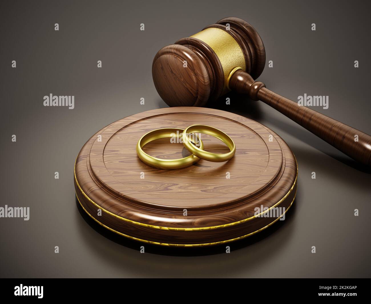 Wedding rings and gavel on dark background. 3D illustration Stock Photo ...