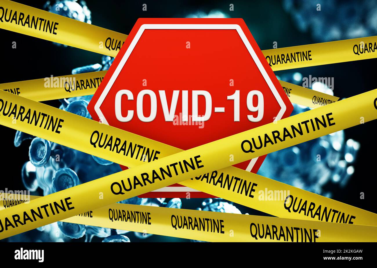 Covid-19 signboard among yellow tapes with quarantine word. 3D ...