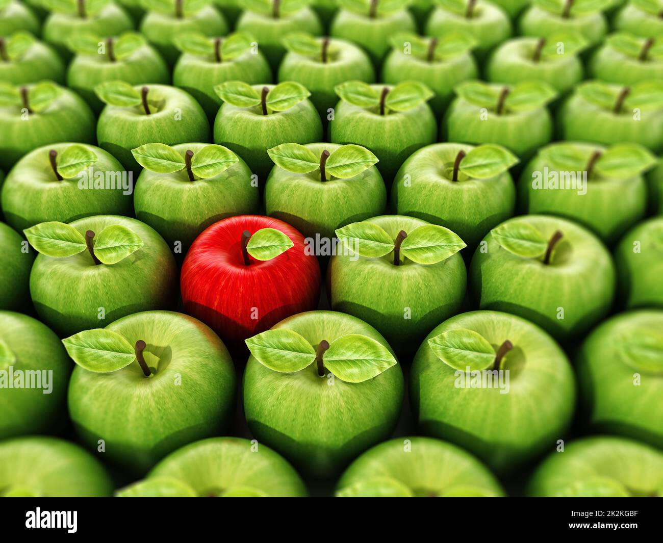 Red apple standing out from green apples. 3D illustration Stock Photo ...