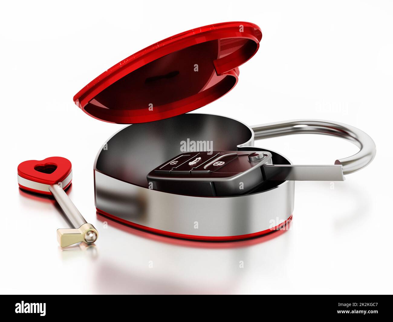 Car key inside open red heart shaped box. 3D illustration Stock Photo ...
