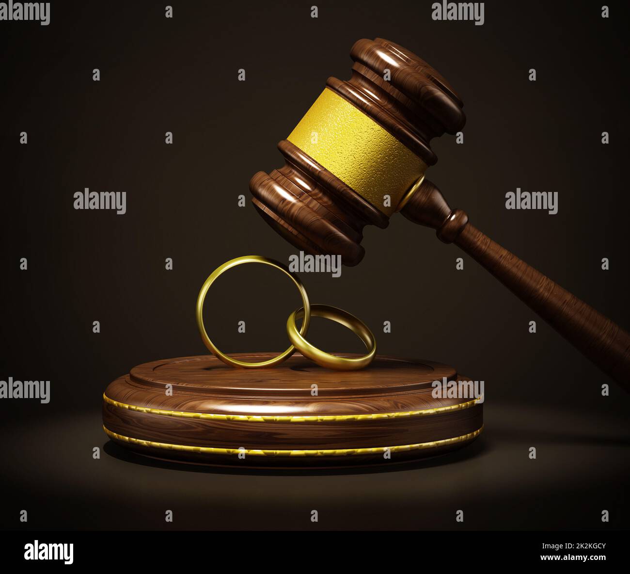 Wedding rings and gavel on dark background. 3D illustration Stock Photo ...