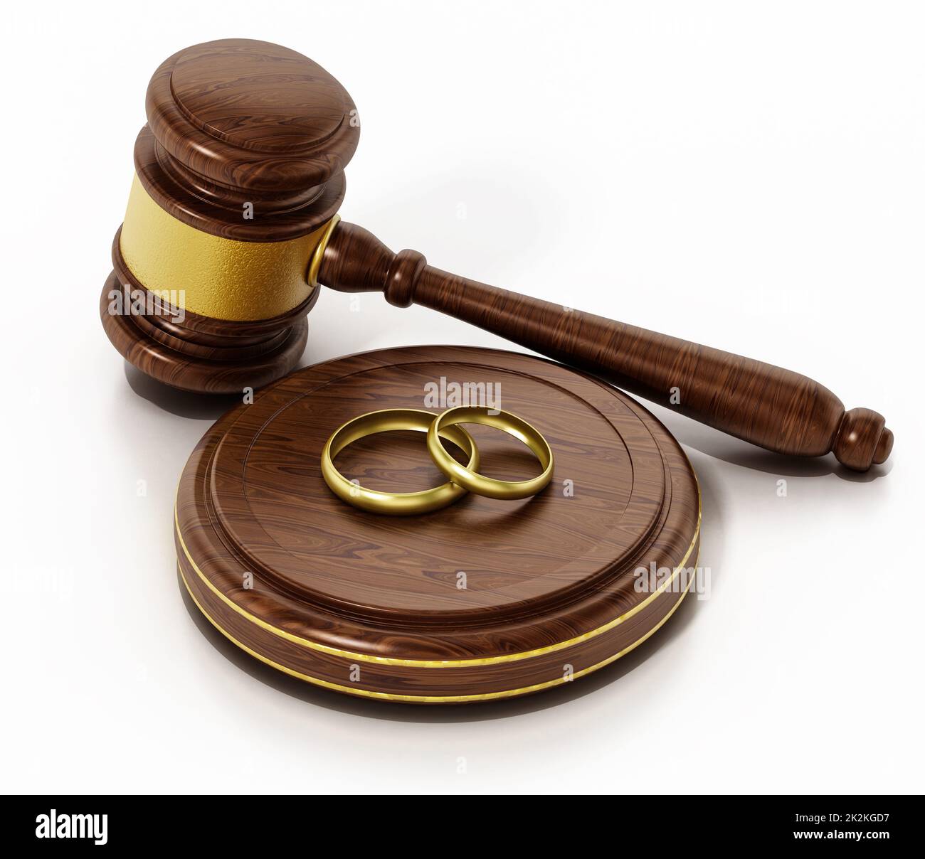 Wedding rings and gavel isolated on white background. 3D illustration ...