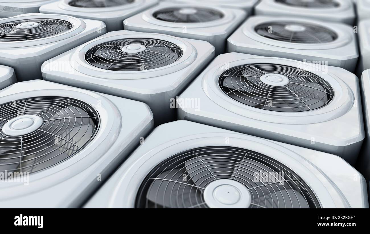 Generic air conditioner units in a row. 3D illustration Stock Photo - Alamy