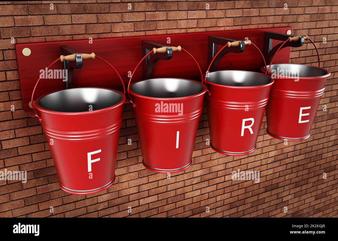 Vintage fire buckets hanging on the wall. 3D illustration Stock Photo ...