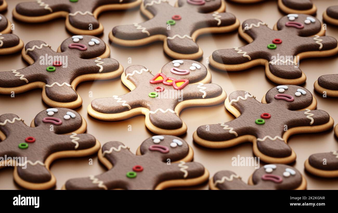 Happy gingerbread man cookie stands out in the crowd. 3D illustration ...