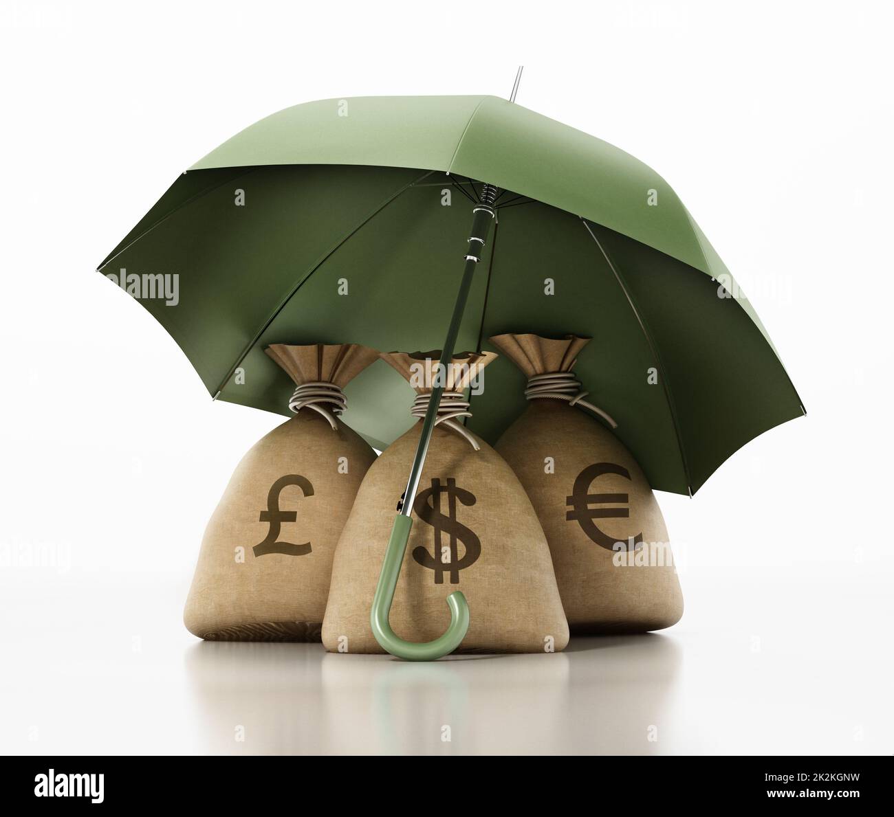 Three sacks with dollar, euro and pound symbols under an umbrella. 3D ...