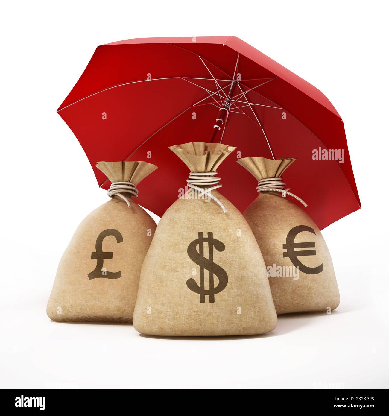 Three sacks with dollar, euro and pound symbols under an umbrella. 3D ...