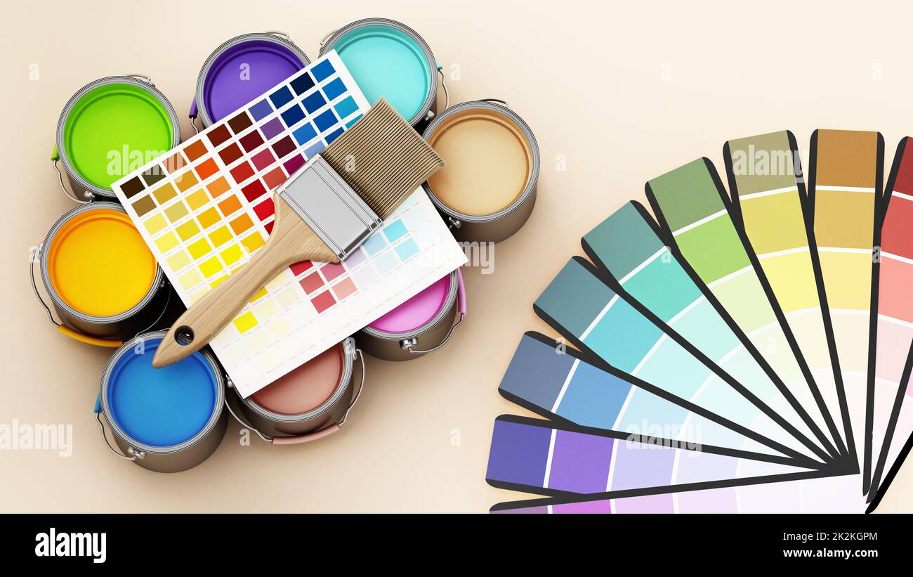 Paint cans, color guides and paintbrush. 3D illustration Stock Photo ...