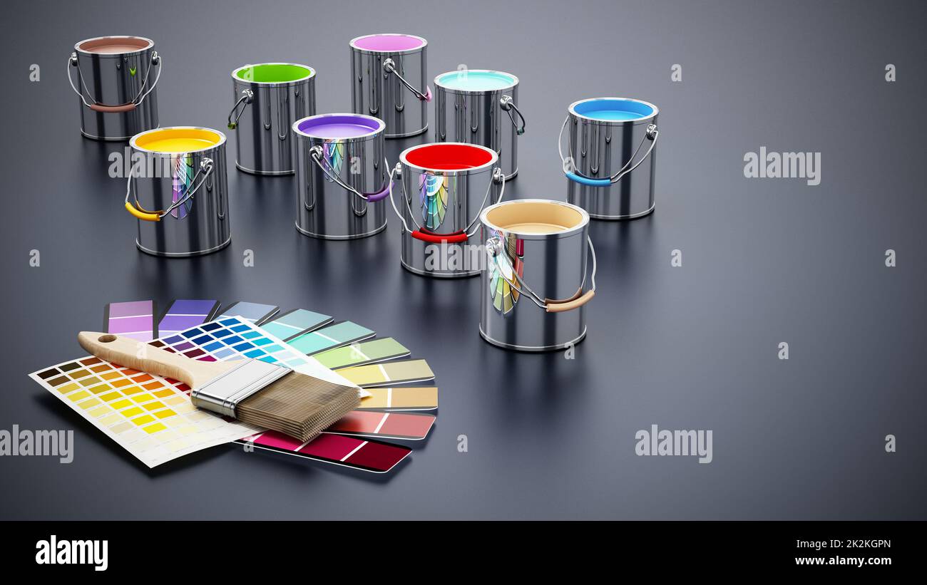 Paint cans, color guides and paintbrush. 3D illustration Stock Photo ...