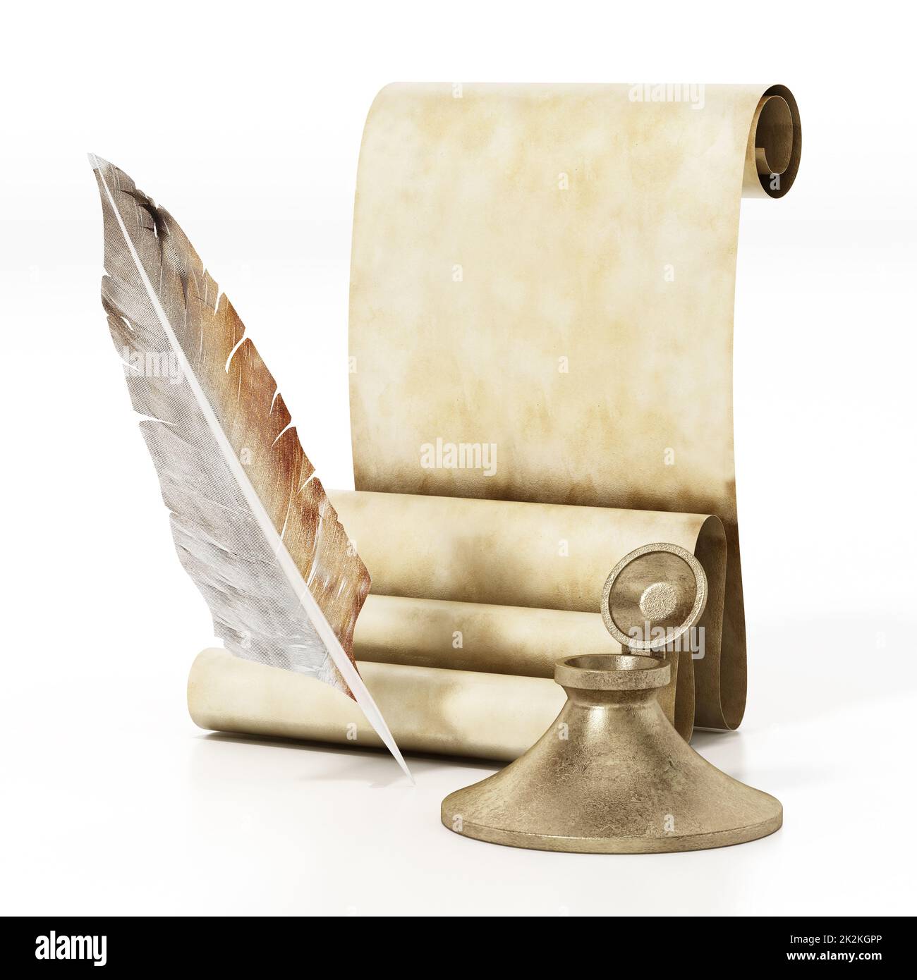 Ancient parchment, inkwell and quill. 3D illustration Stock Photo - Alamy