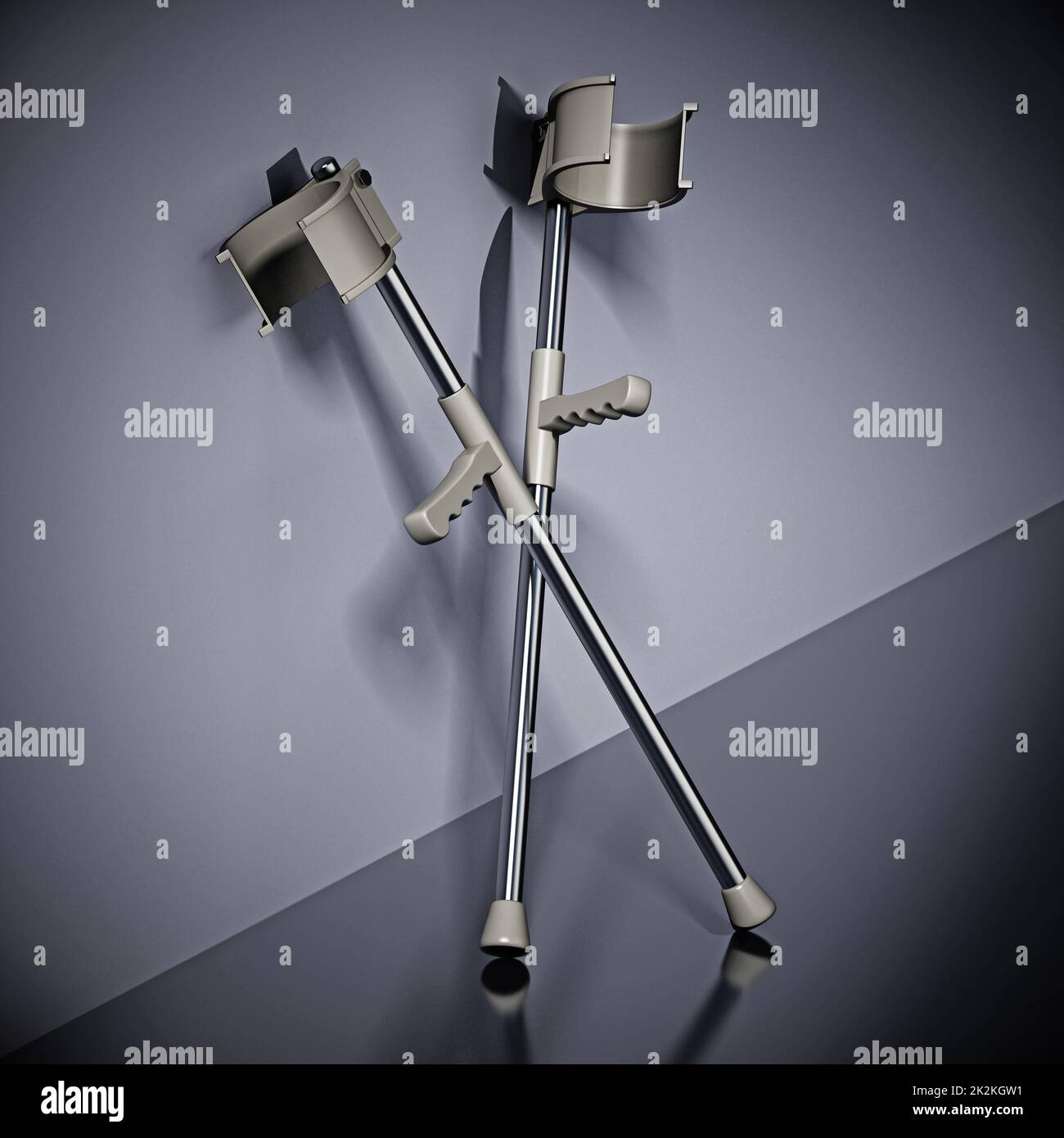 Pair of crutches standing next to the wall. 3D illustration Stock Photo ...