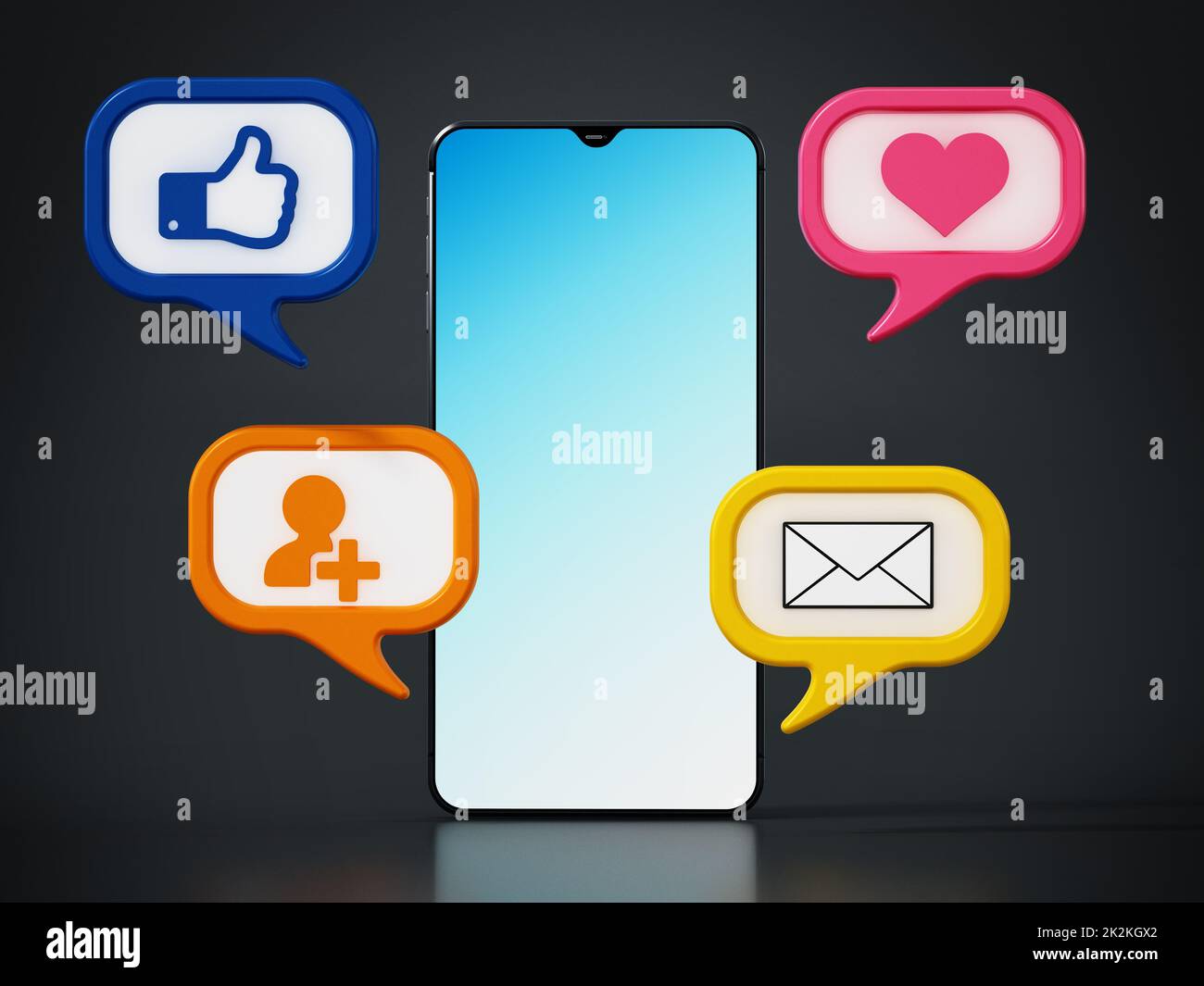 Social media symbols inside speech balloons on smartphone. 3D ...