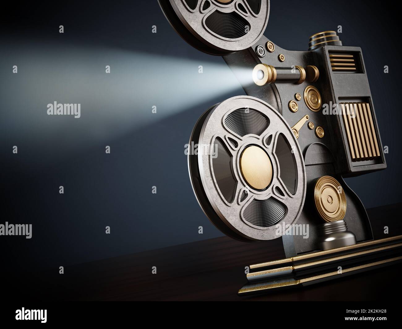 Vintage movie projector with volumetric light beam. 3D illustration ...