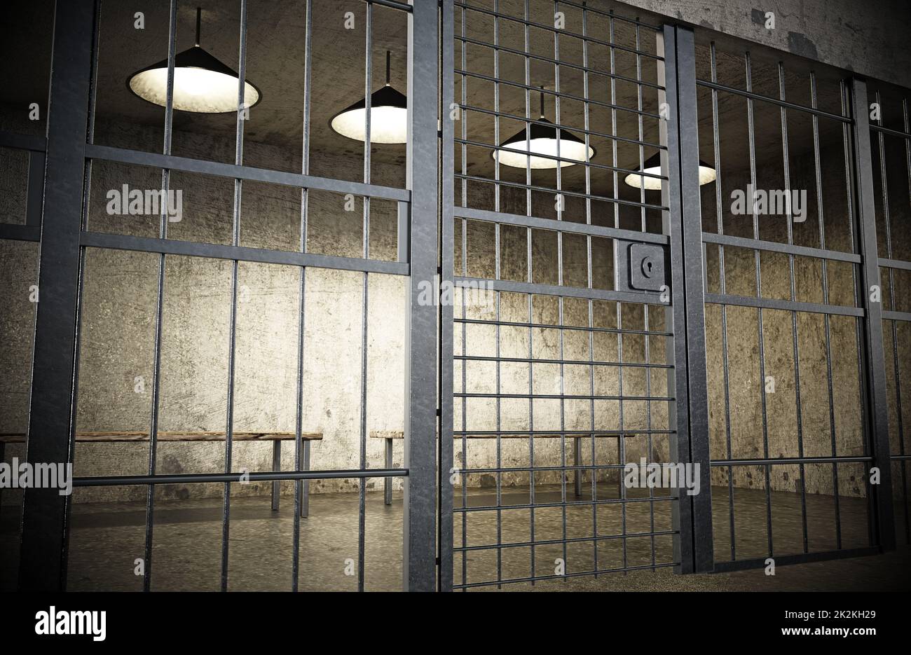 Prison cell with closed door and old dirty walls. 3D illustration Stock ...
