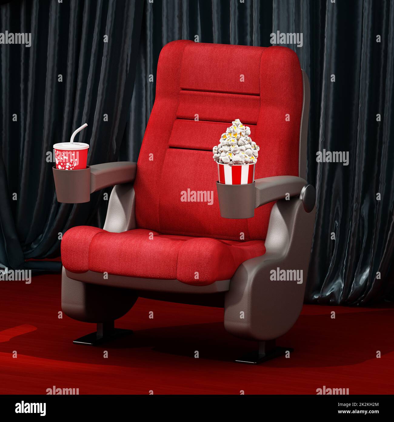 Cinema chair standing on stage in front of thr curtain. 3D illustration ...