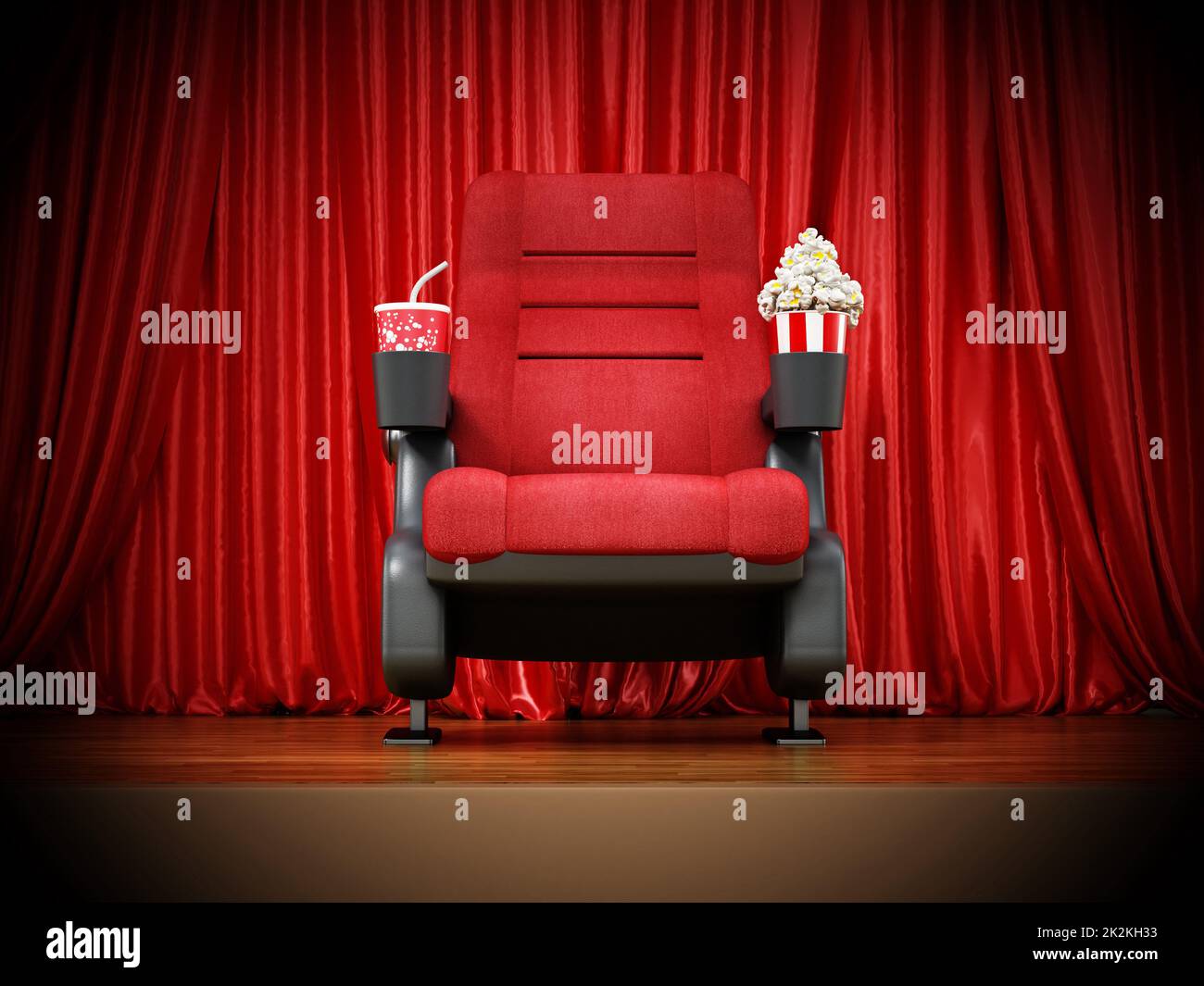 Cinema chair standing on stage in front of thr curtain. 3D illustration ...