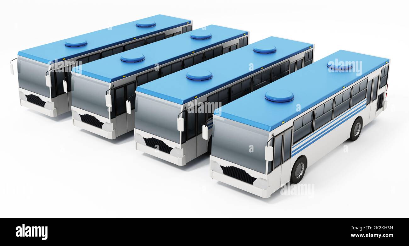 Generic city buses in a row isolated on white background. 3D ...