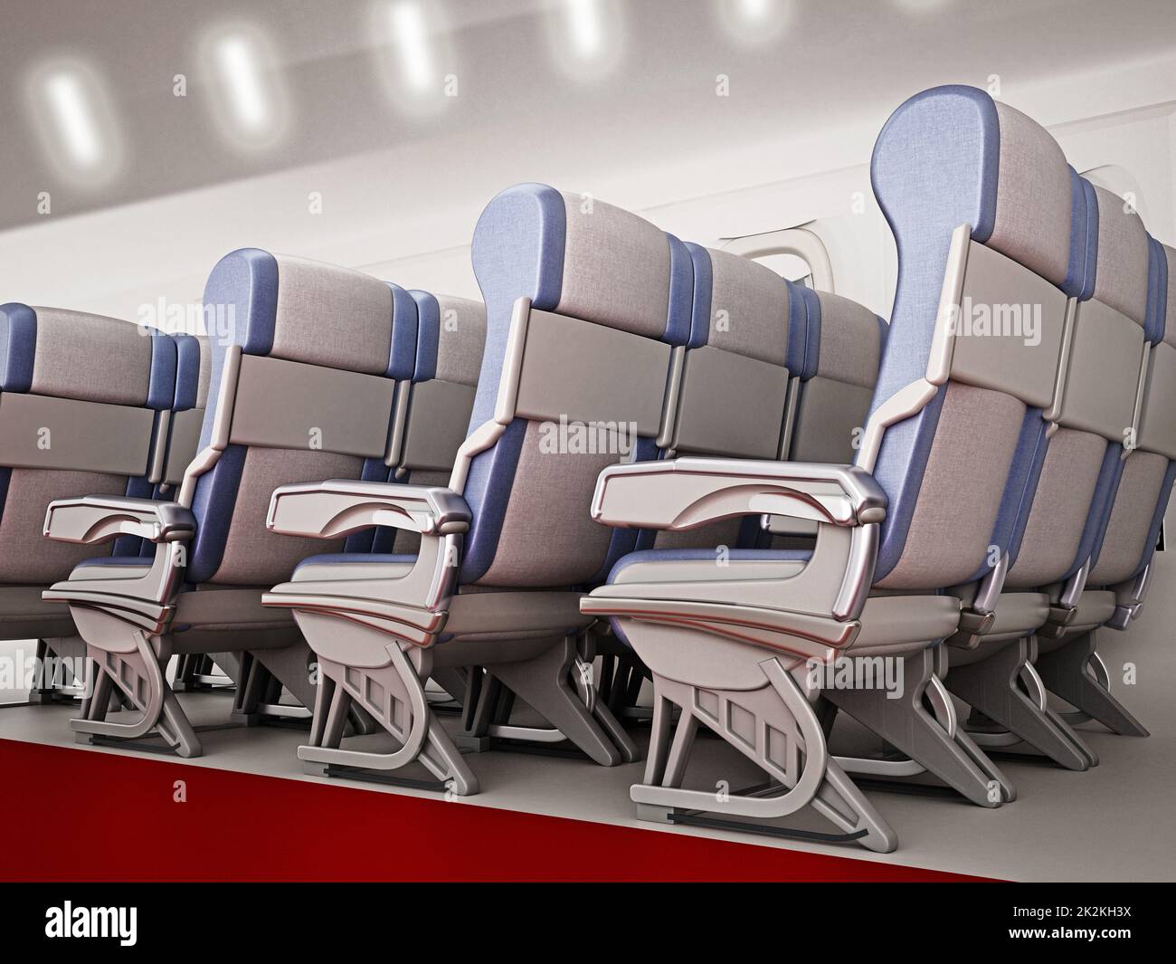 View of an airplane corridor with row of seats. 3D illustration Stock ...