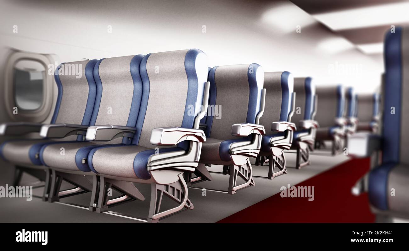 View of an airplane corridor with row of seats. 3D illustration Stock ...