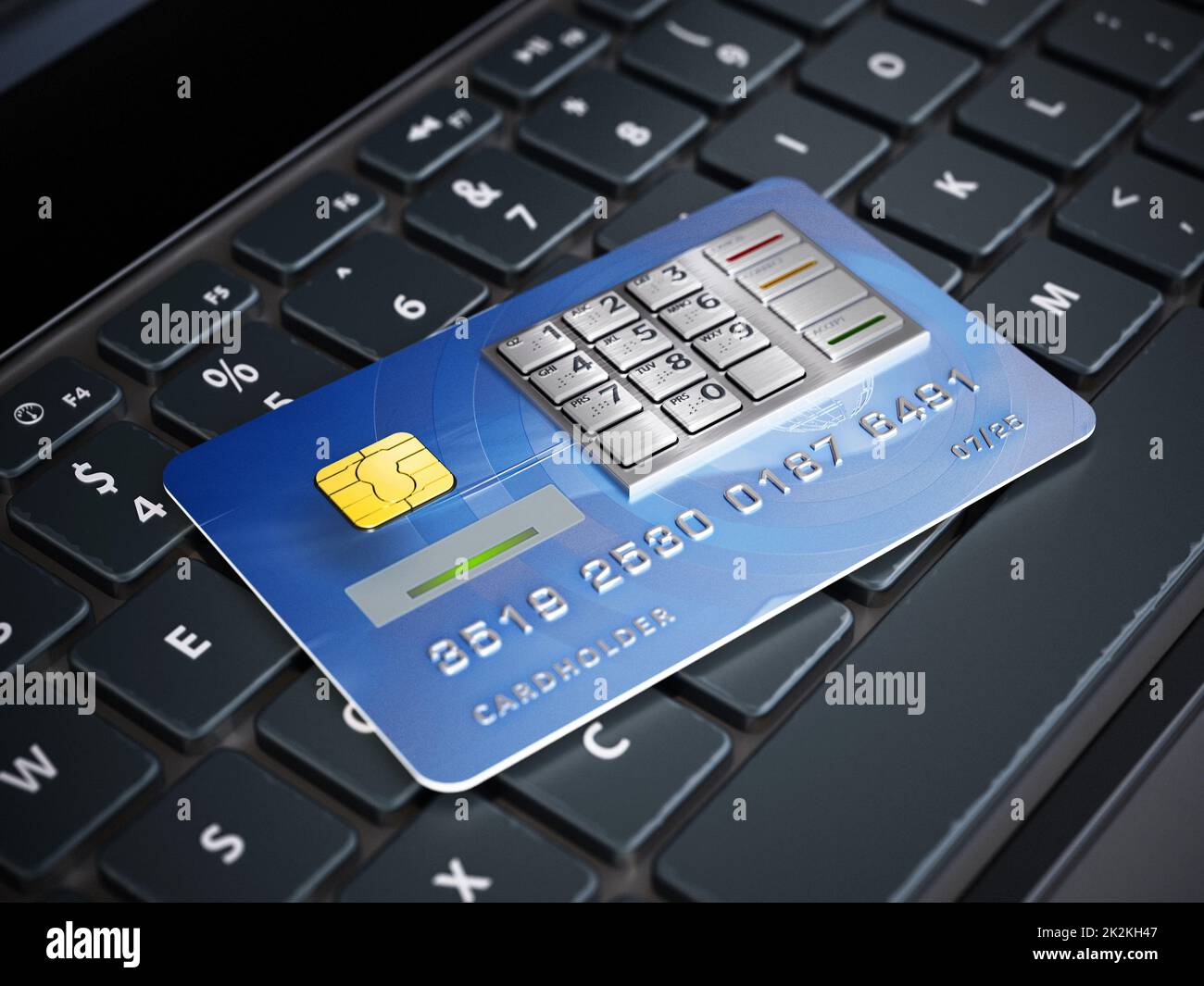 Fictitious credit card with ATM keypad standing on the keyboard. 3D ...