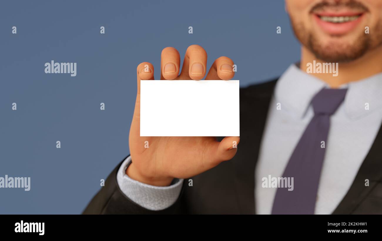businessman holding business card in his hand, cartoon 3D illustration ...