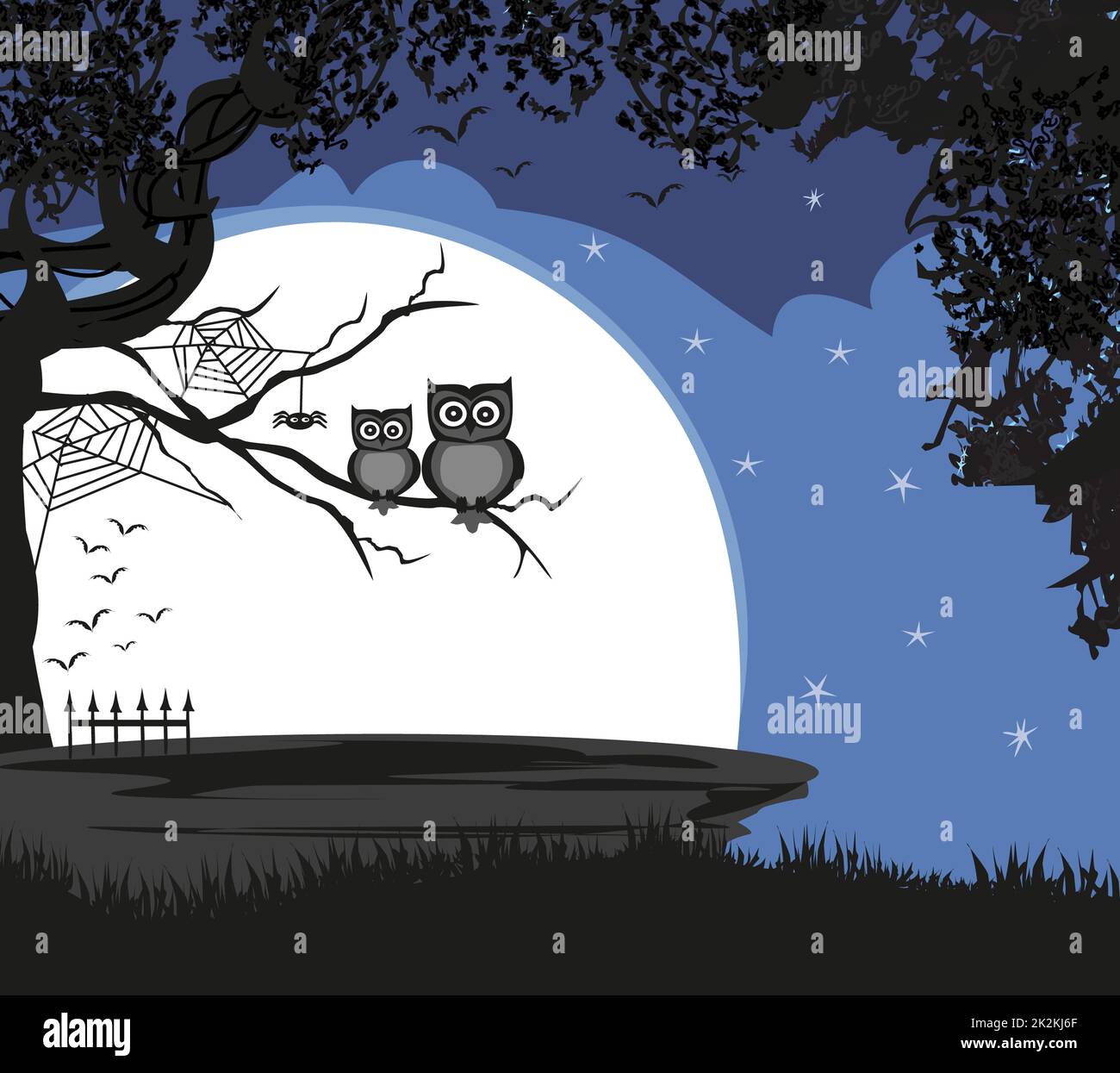 cute Halloween illustration with full Moon, bats and owls Stock Photo ...