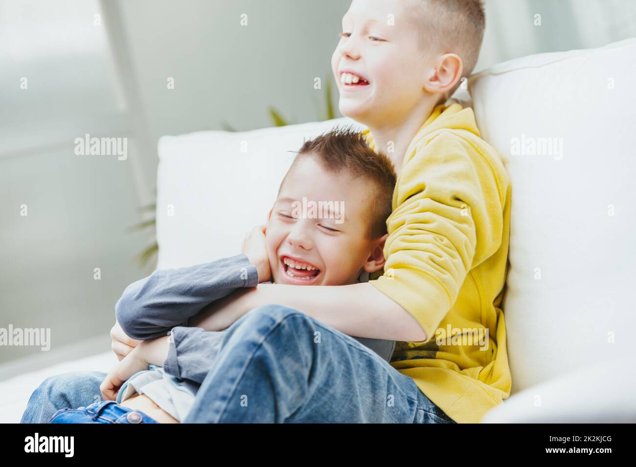 Two happy young brothers romping on a sofa together Stock Photo - Alamy