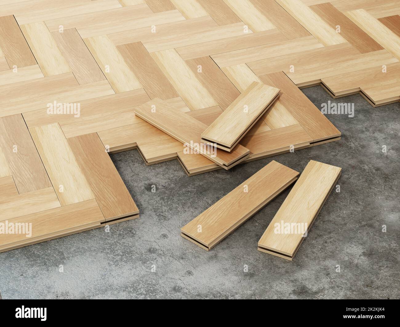 3D illustration of parquet installation process. 3D illustration Stock ...