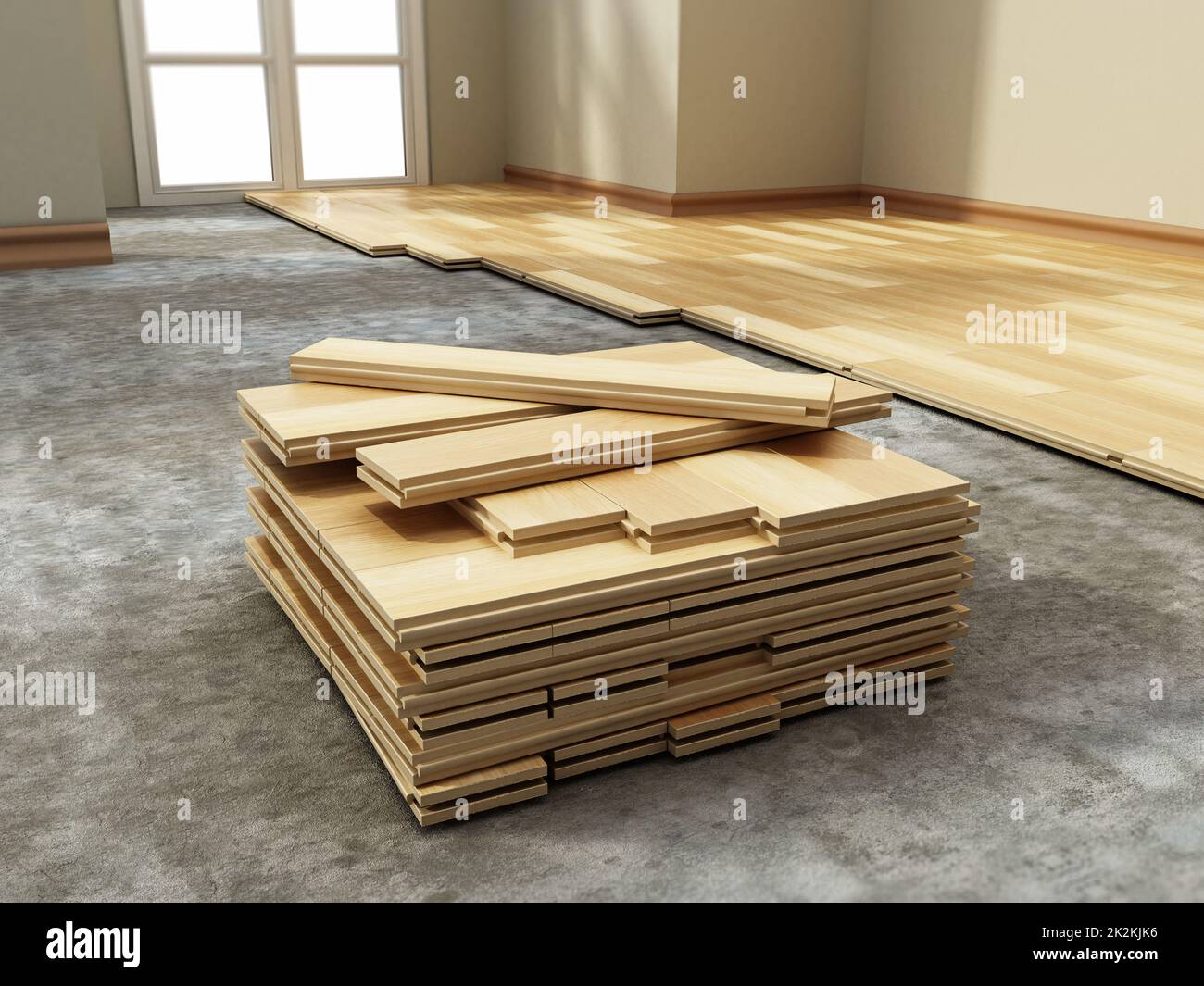 3D illustration of parquet installation process. 3D illustration Stock ...