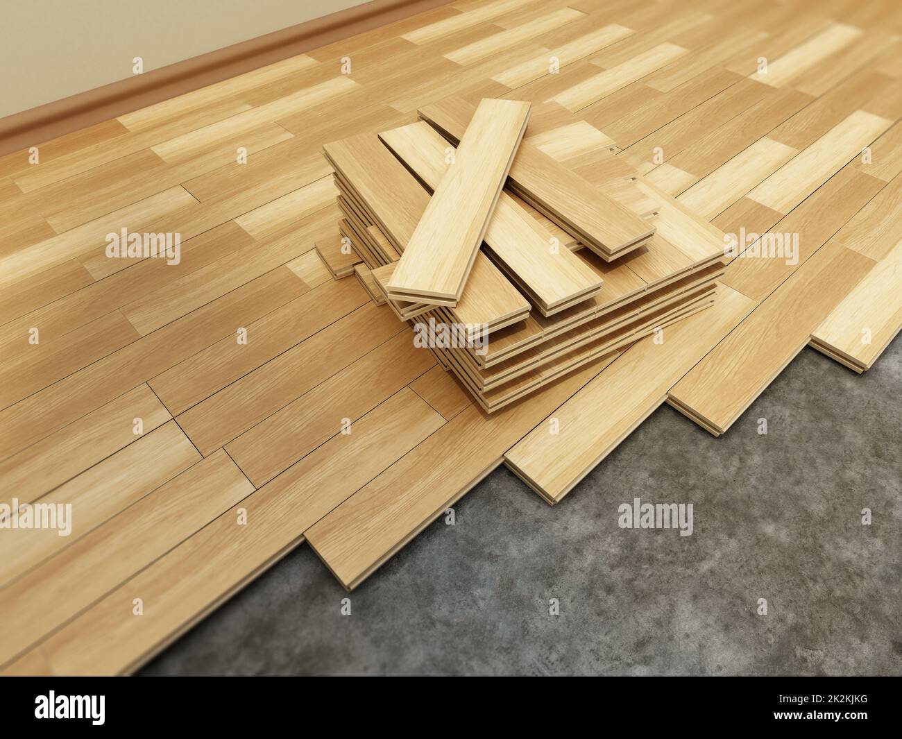 3D illustration of parquet installation process. 3D illustration Stock ...
