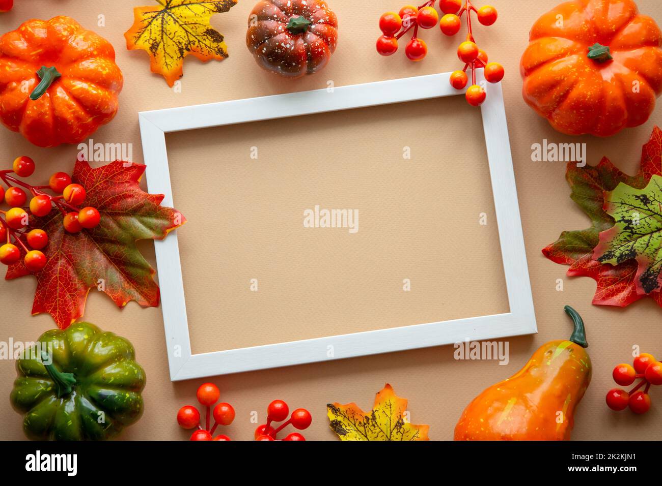 Fall autumn flat lay background. Pumpkins and fall leaves Stock Photo ...