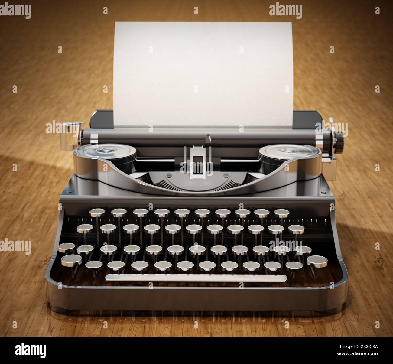 Vintage typewriter with a blank paper on wooden table. 3D illustration ...
