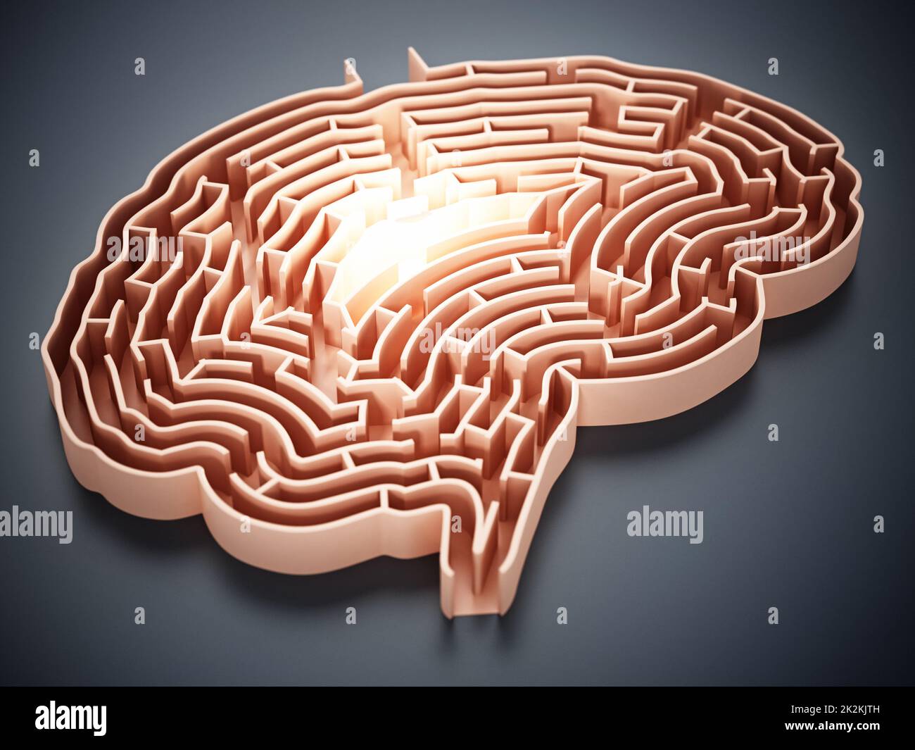 Brain shaped maze with a glow at the center. 3D illustration Stock ...
