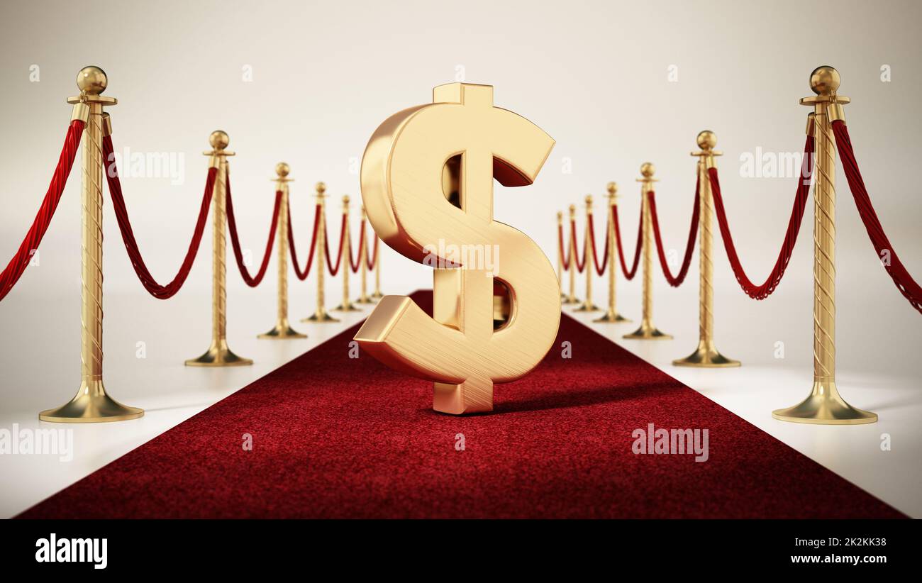 Dollar sign standing on red carpet with velvet ropes on both sides. 3D ...