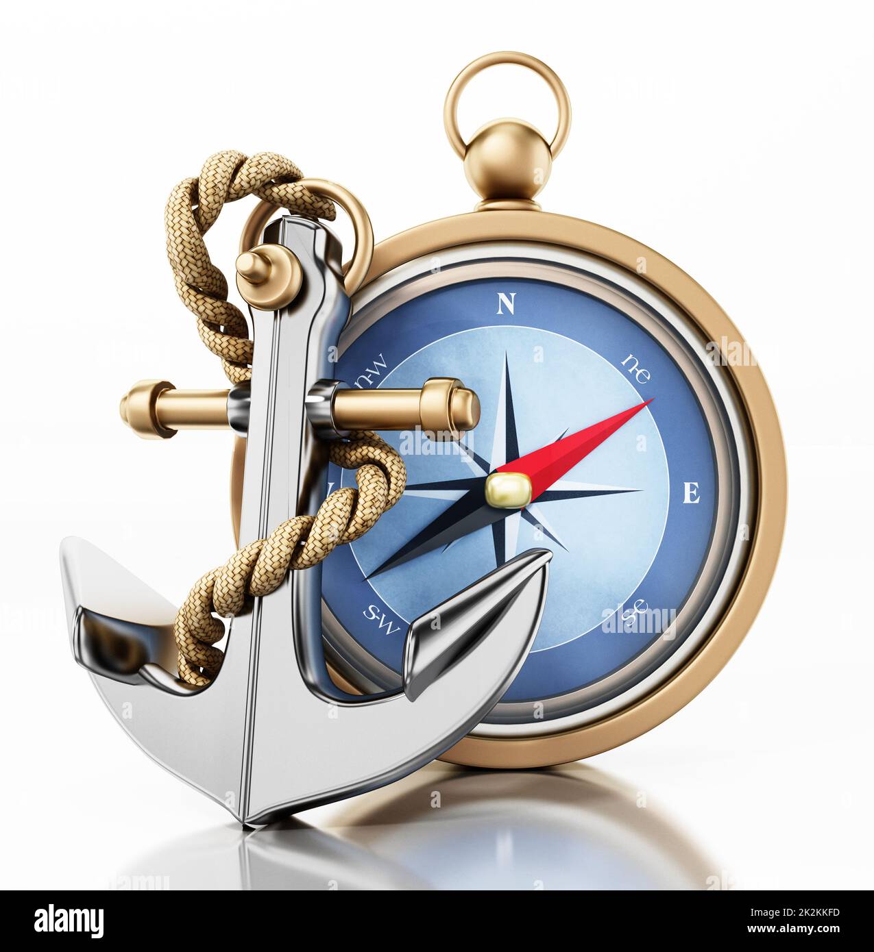 Compass and anchor isolated on white background. 3D illustration Stock ...