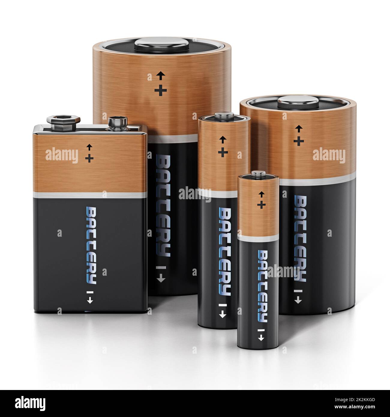 Group of various sized batteries isolated on white background. 3D ...