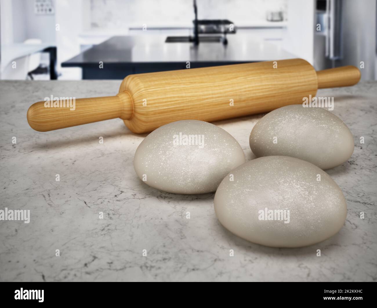 Rolling pin and fresh raw doughs standing on the kitchen counter. 3D ...