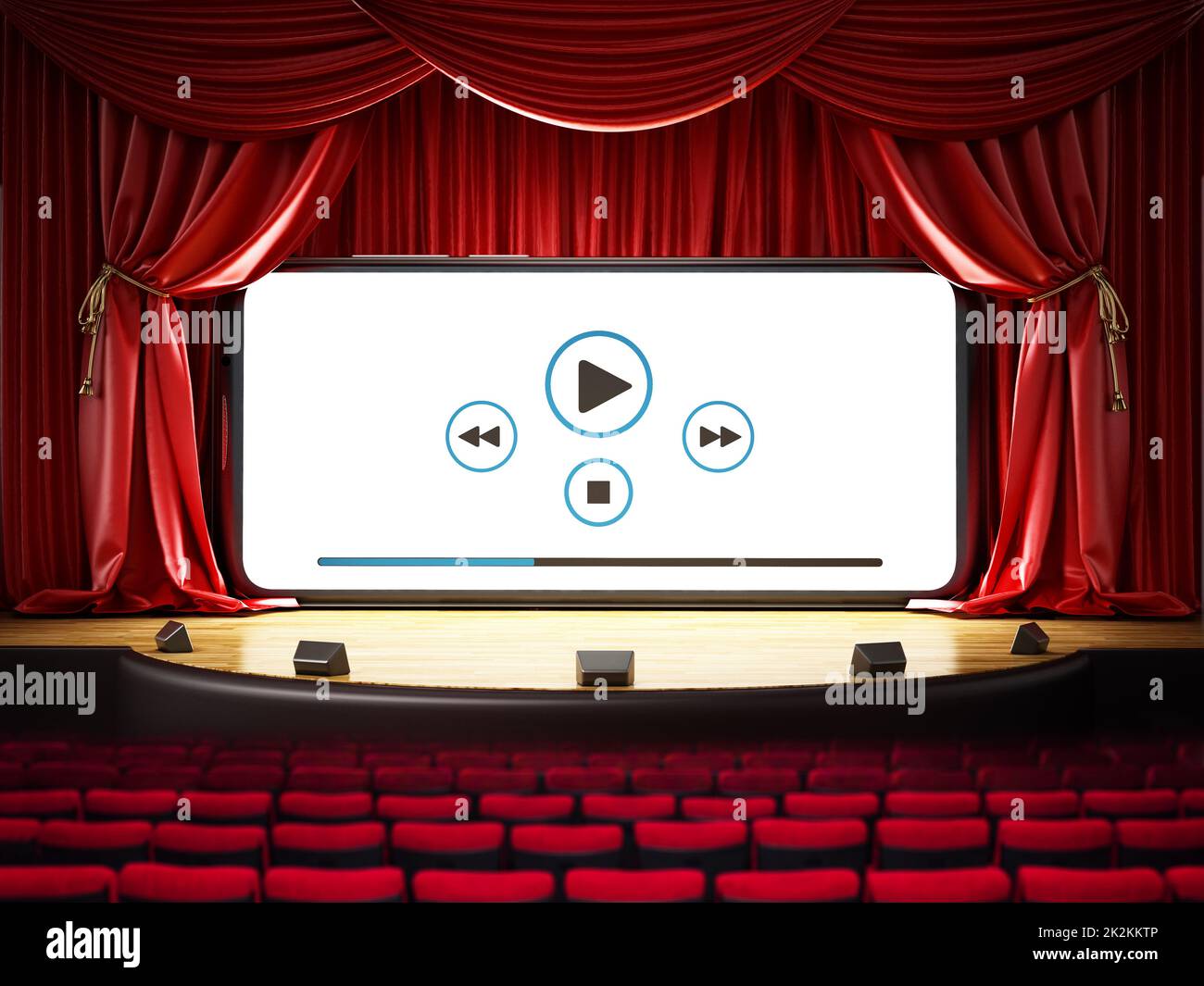 Smartphone with media control icons at the stage among red curtains. 3D ...