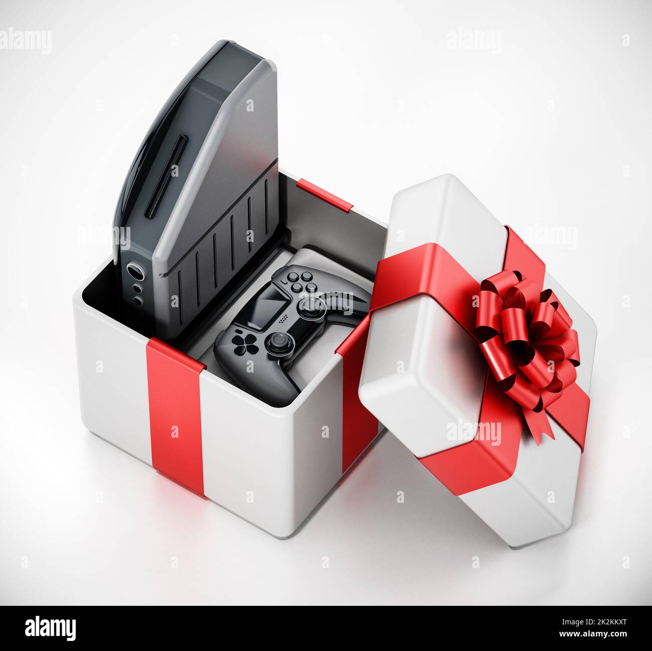 Generic video game console and controller inside giftbox. 3D ...