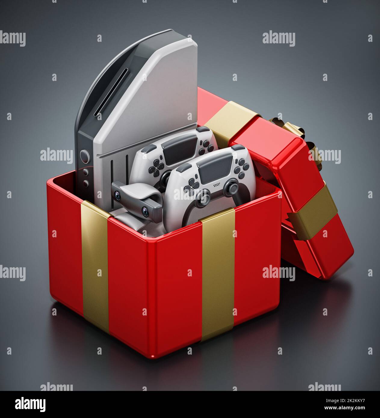 Generic video game console and controllers inside giftbox. 3D ...
