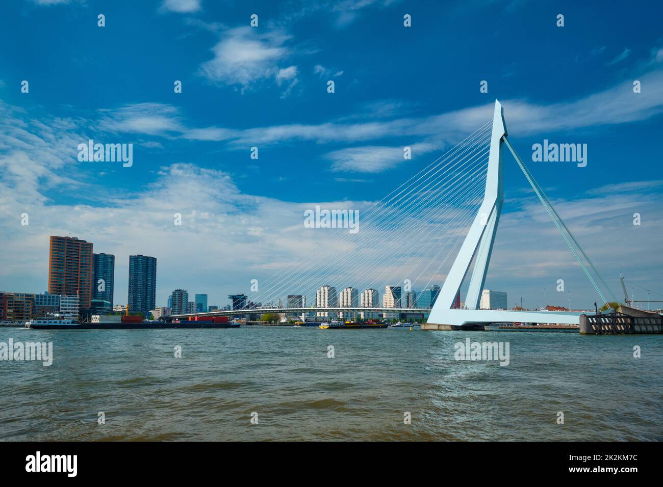 View of Rotterdam over Nieuwe Maas with Erasmusbrug bridge. Rottherdam ...