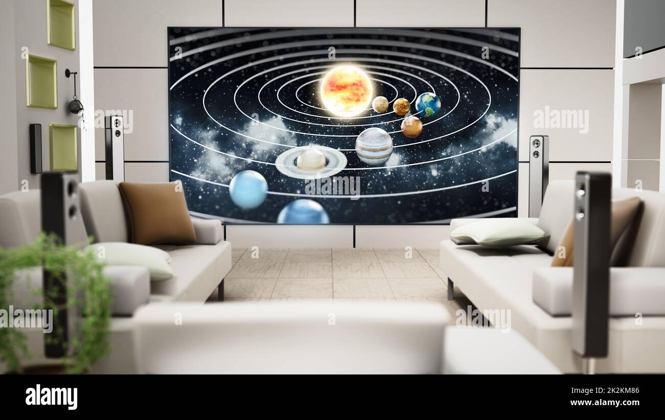 Big screen 8K tv hanging on the wall of a modern room. 3D illustration ...