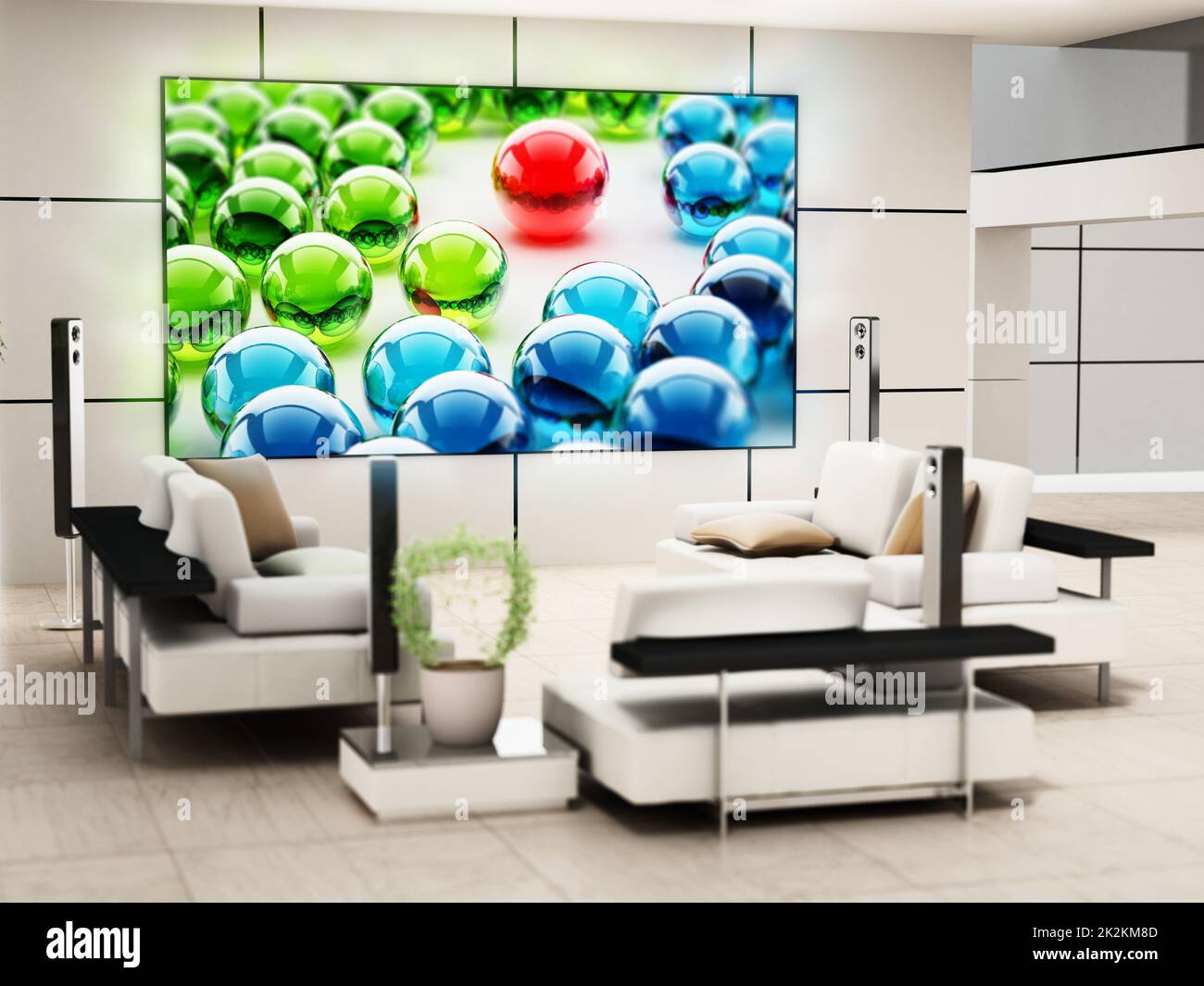 Big screen 8K tv hanging on the wall of a modern room. 3D illustration ...