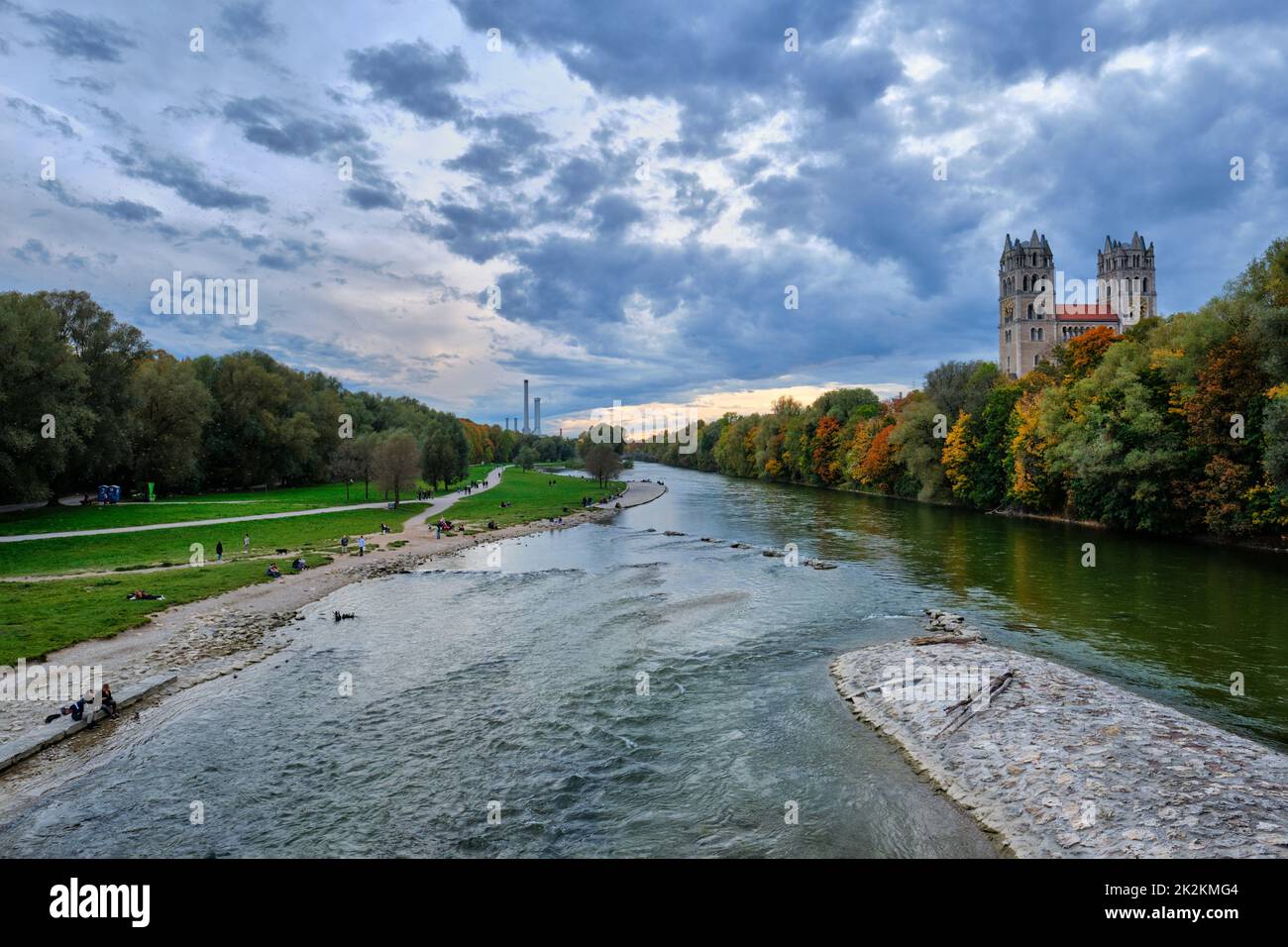 Isar river, park and St Maximilian church from Reichenbach Bridge ...