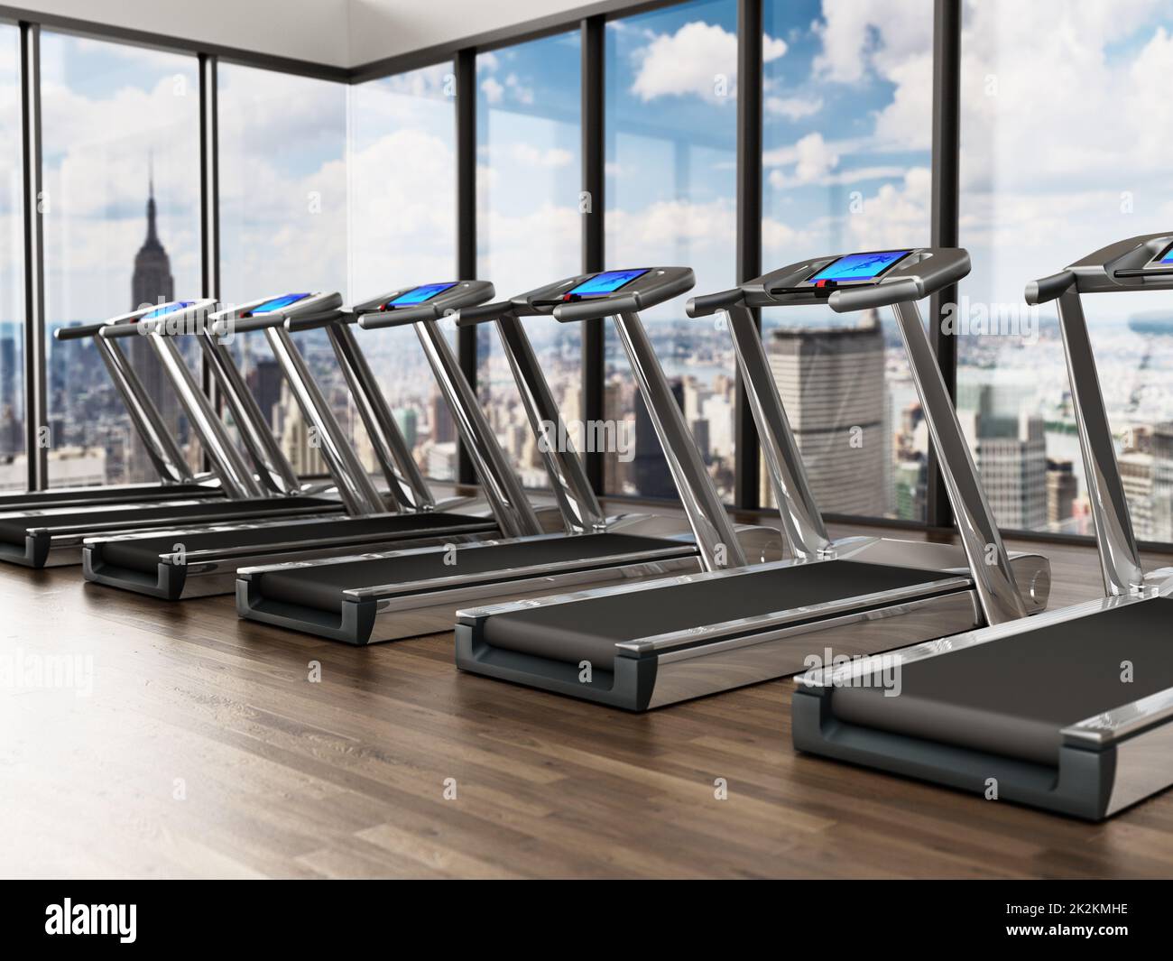 Treadmills inside a sports center in upper floors. 3D illustration ...