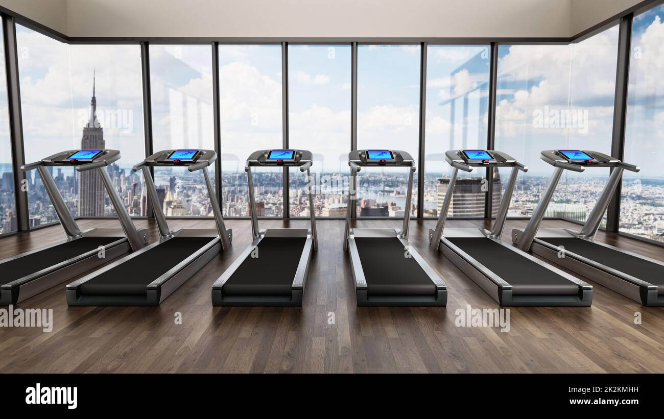 Treadmills inside a sports center in upper floors. 3D illustration ...