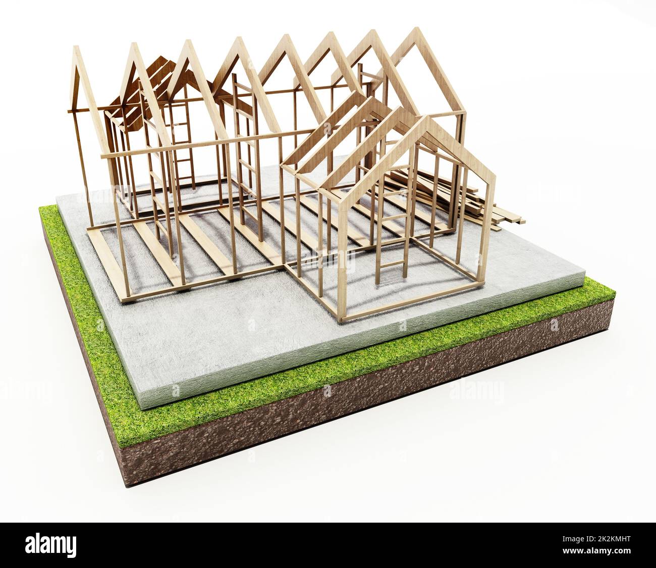 Wooden house structure on concrete base. 3D illustration Stock Photo ...