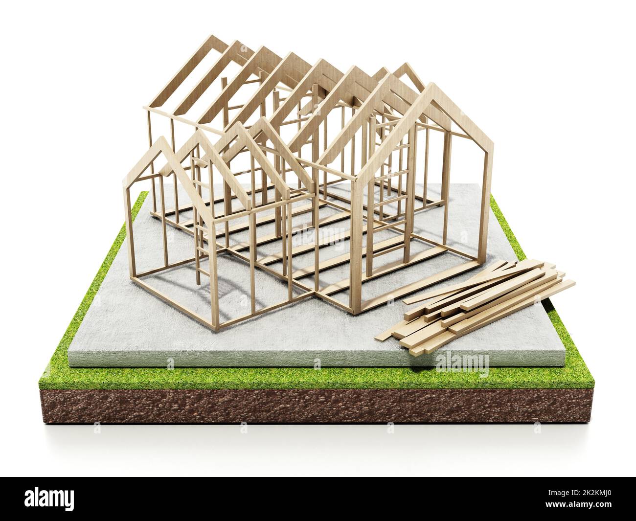 Wooden house structure on concrete base. 3D illustration Stock Photo ...